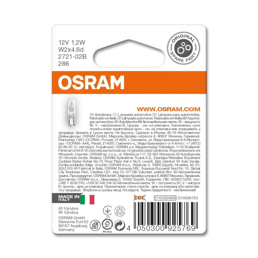 2 Ampoules OSRAM T5 1,2W W2x4,6d Original 12V : Norauto.fr